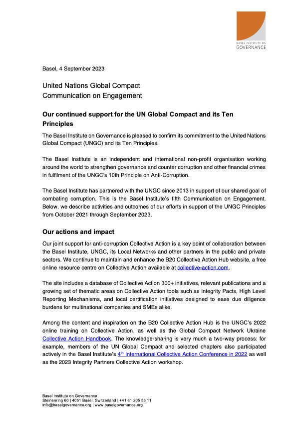 United Nations Global Compact: Communication on Engagement 2023 | Basel Institute on Governance